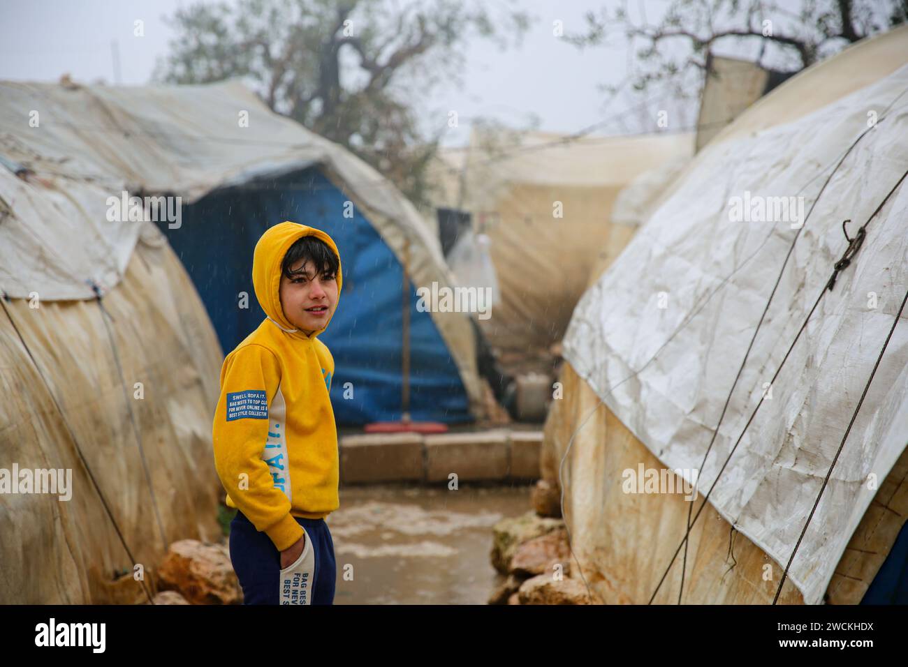 January 16, 2024: Harem, Idlib, Syria.16 January 2024. Children amid ...