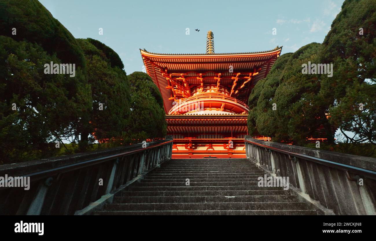 Japanese temple, stairs and architecture with religion and traditional ...