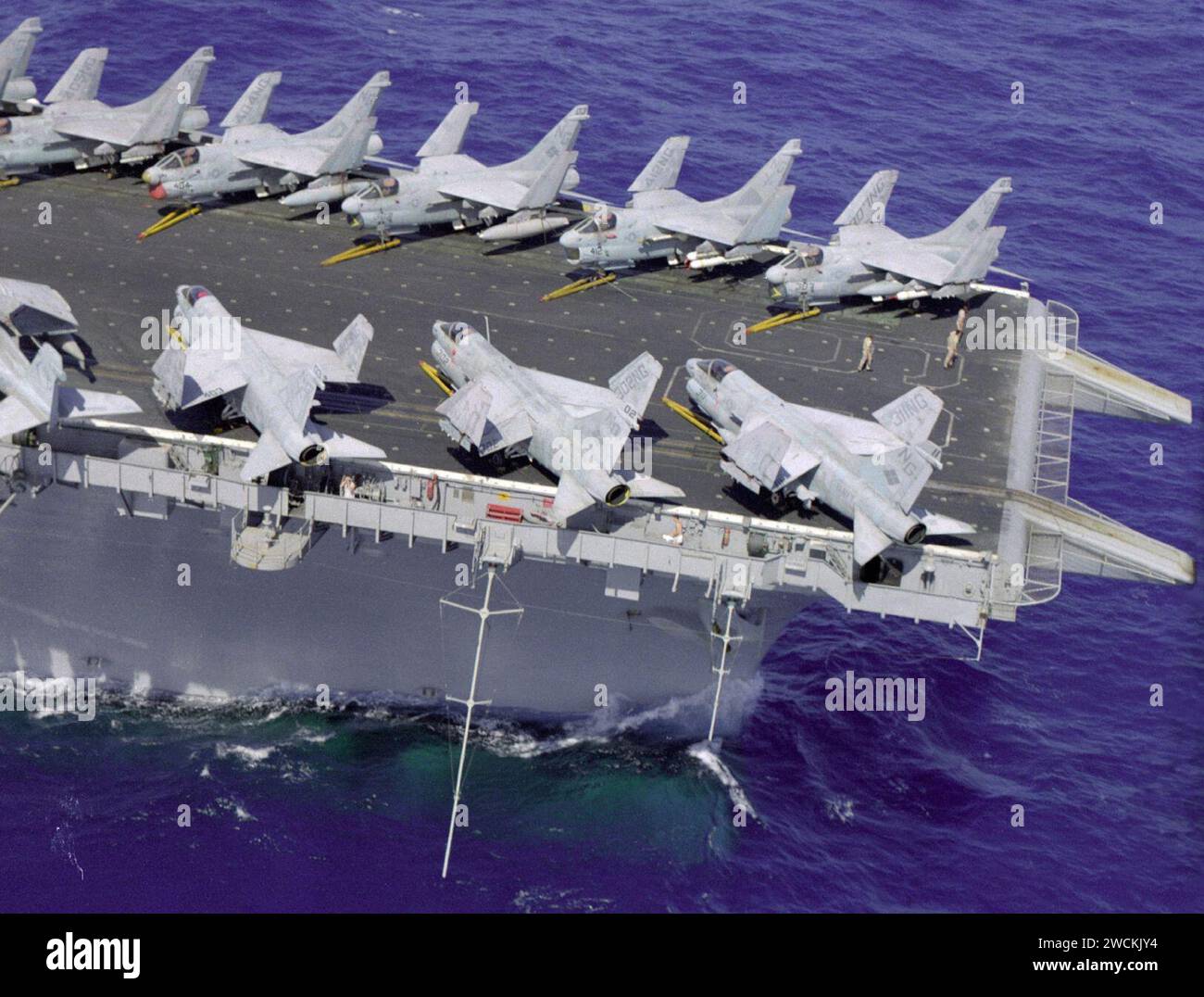 A-7E Corsair IIs of VA-146 and VA-147 parked on the bow of USS Kitty ...