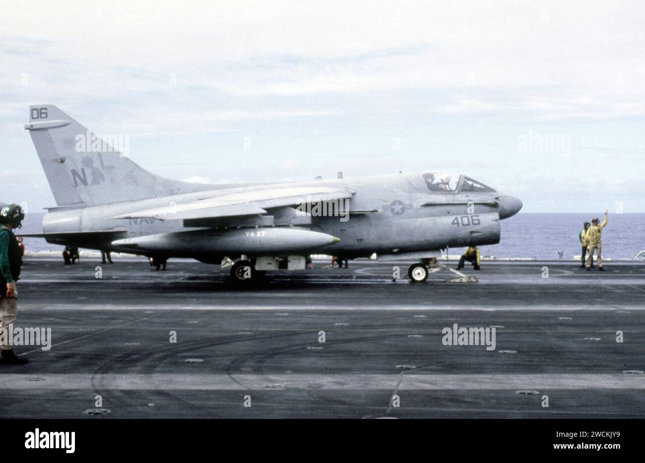 A-7E Corsair II of VA-27 on catapult of USS Carl Vinson (CVN-70), circa ...