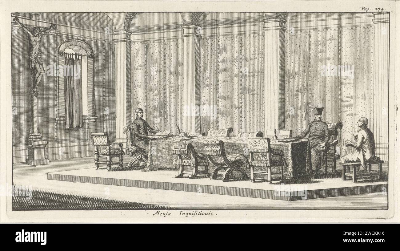 Jesuits condemn an accused, Jan Luyken, 1692 print Print at the top right marked: p. 274 ...