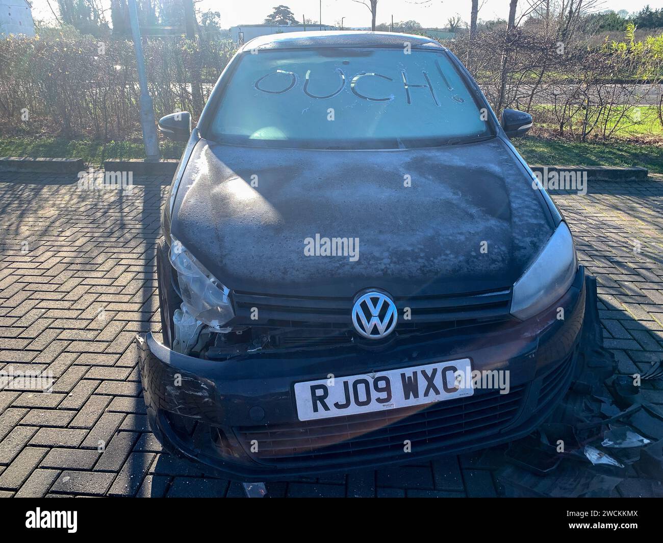Taplow, UK. 16th January, 2024. A smashed up car after an accident with ...