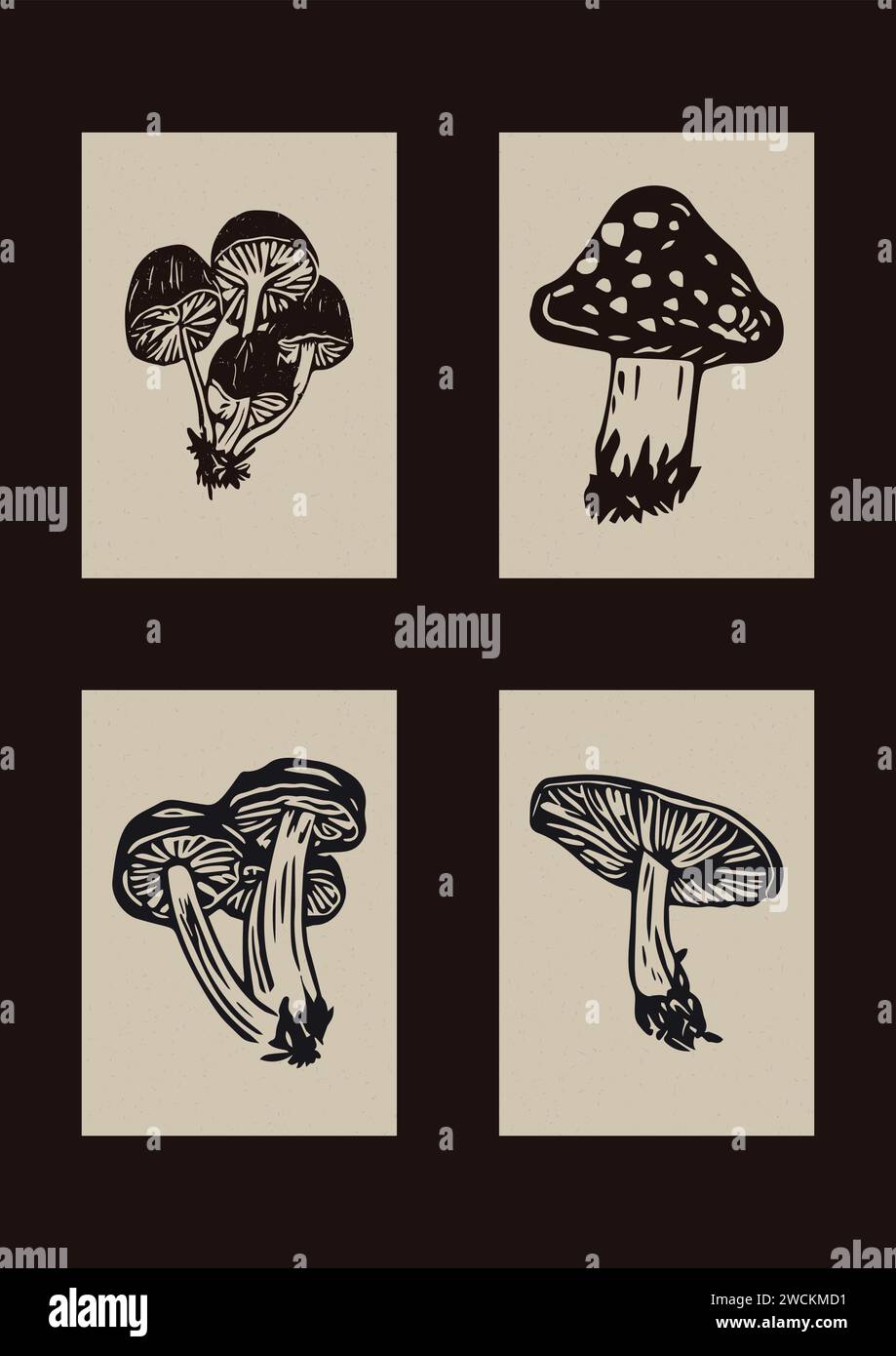 Handmade linocut mushroom motif clipart in folkart scandi style. Set of ...