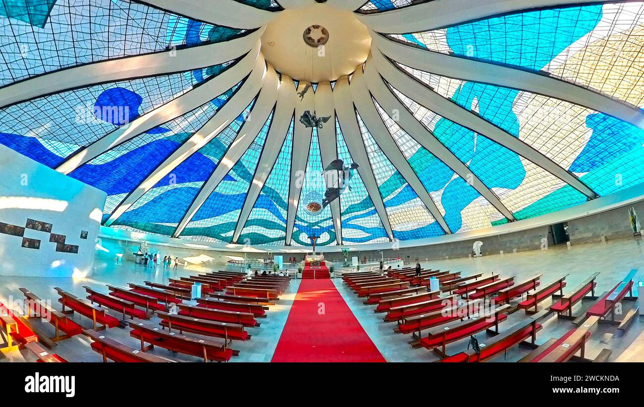 Red benches under a domed glass ceiling inside a church Stock Photo - Alamy