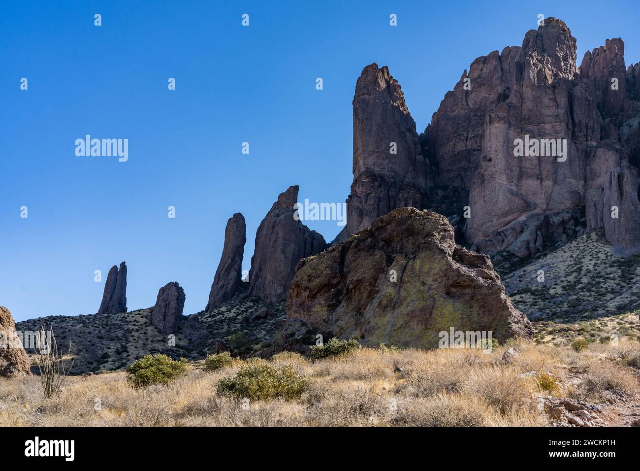 Rock pillars and the Green Boulder on the flanks of Superstition ...