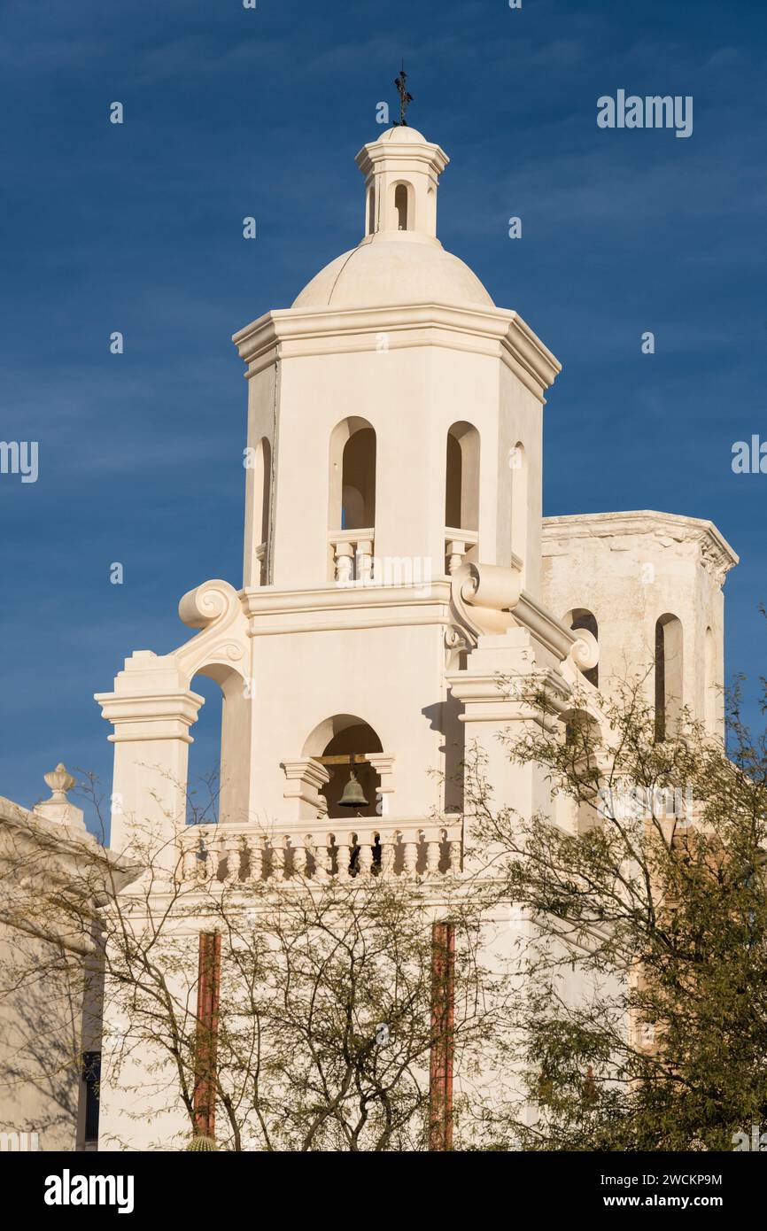 The bell towers of the Mission San Xavier del Bac, Tucson Arizona. The ...