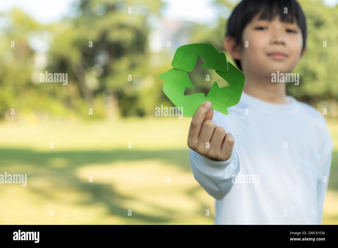 Cheerful young asian boy holding recycle symbol on daylight natural ...