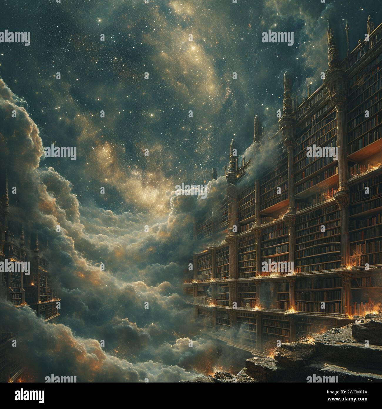 A vast library brimming with books under a dark sky Stock Photo - Alamy