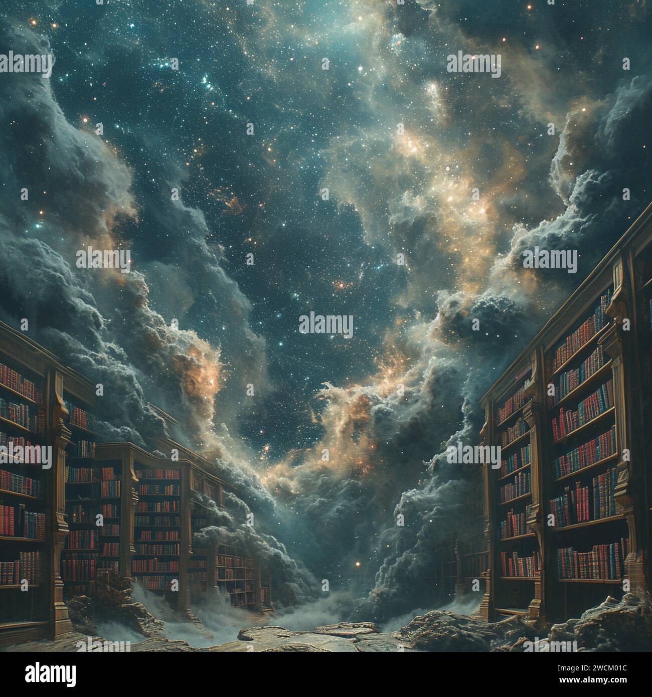 Empty library with books scattered on the floor Stock Photo - Alamy