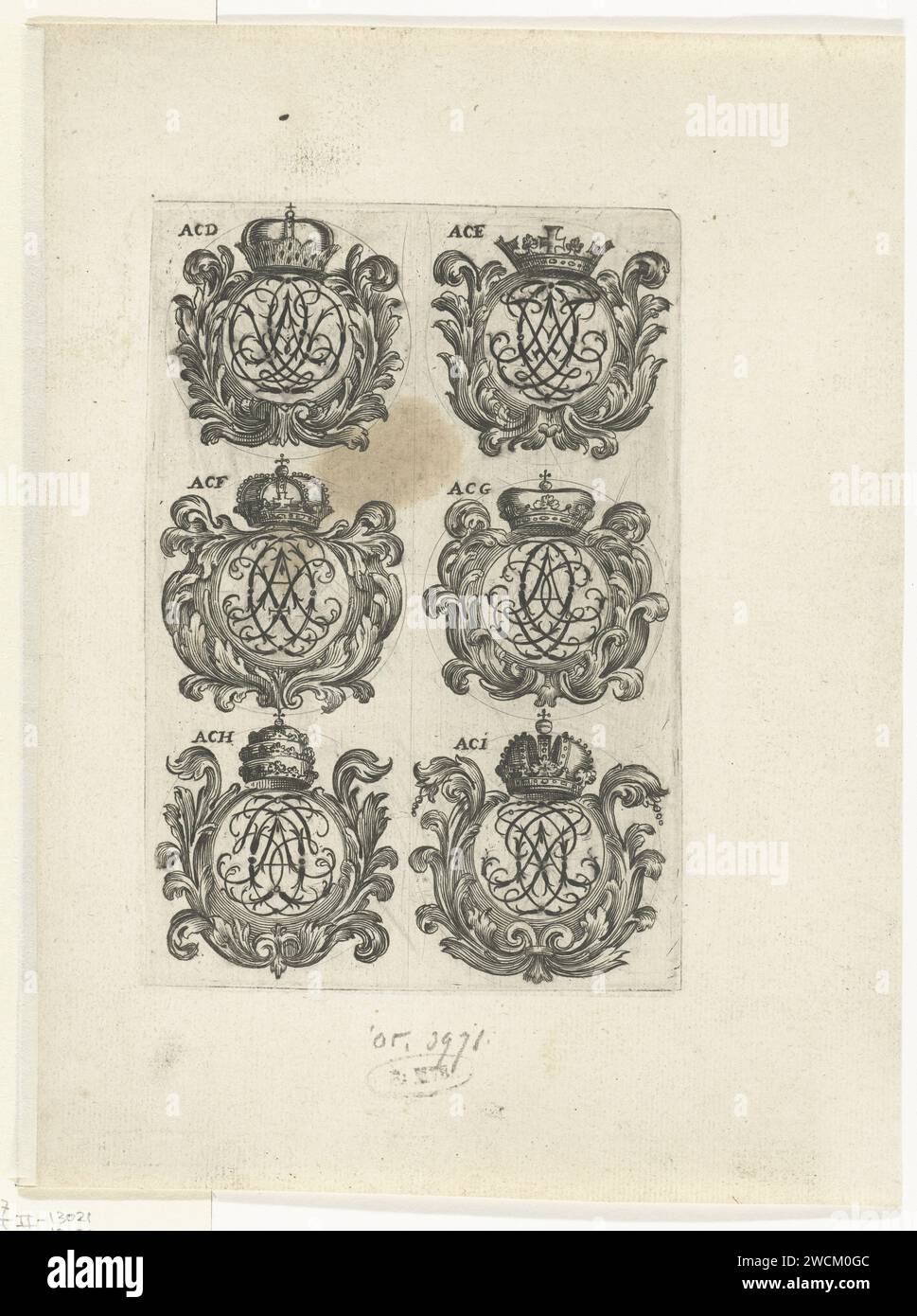 Six award-winning cartouches with letter monograms (ACD-ACI), c. 1690 ...