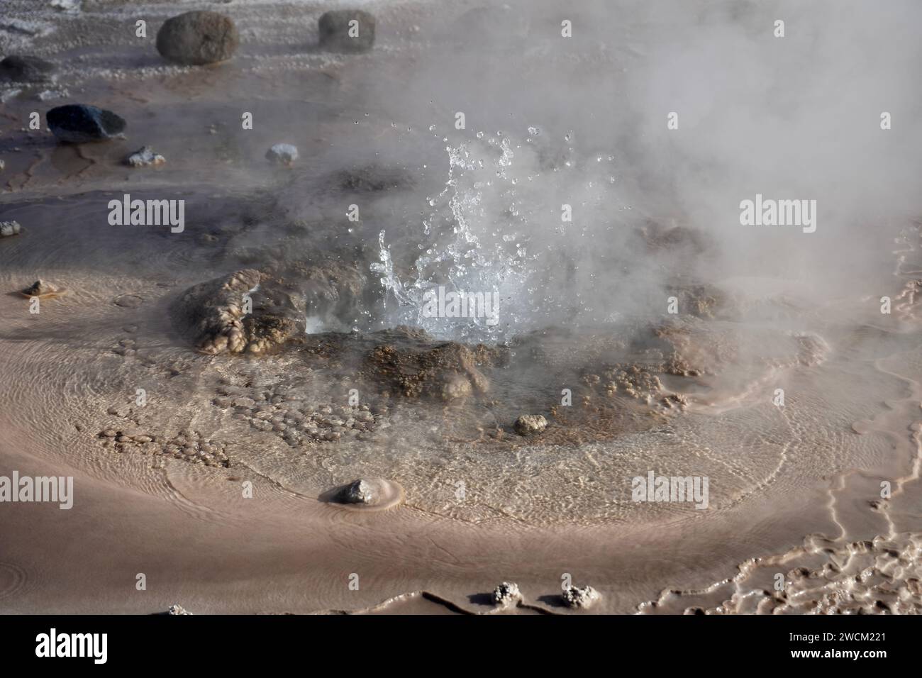 Hot water erupting from a geyser frozen in time. Geysers Del Tatio ...