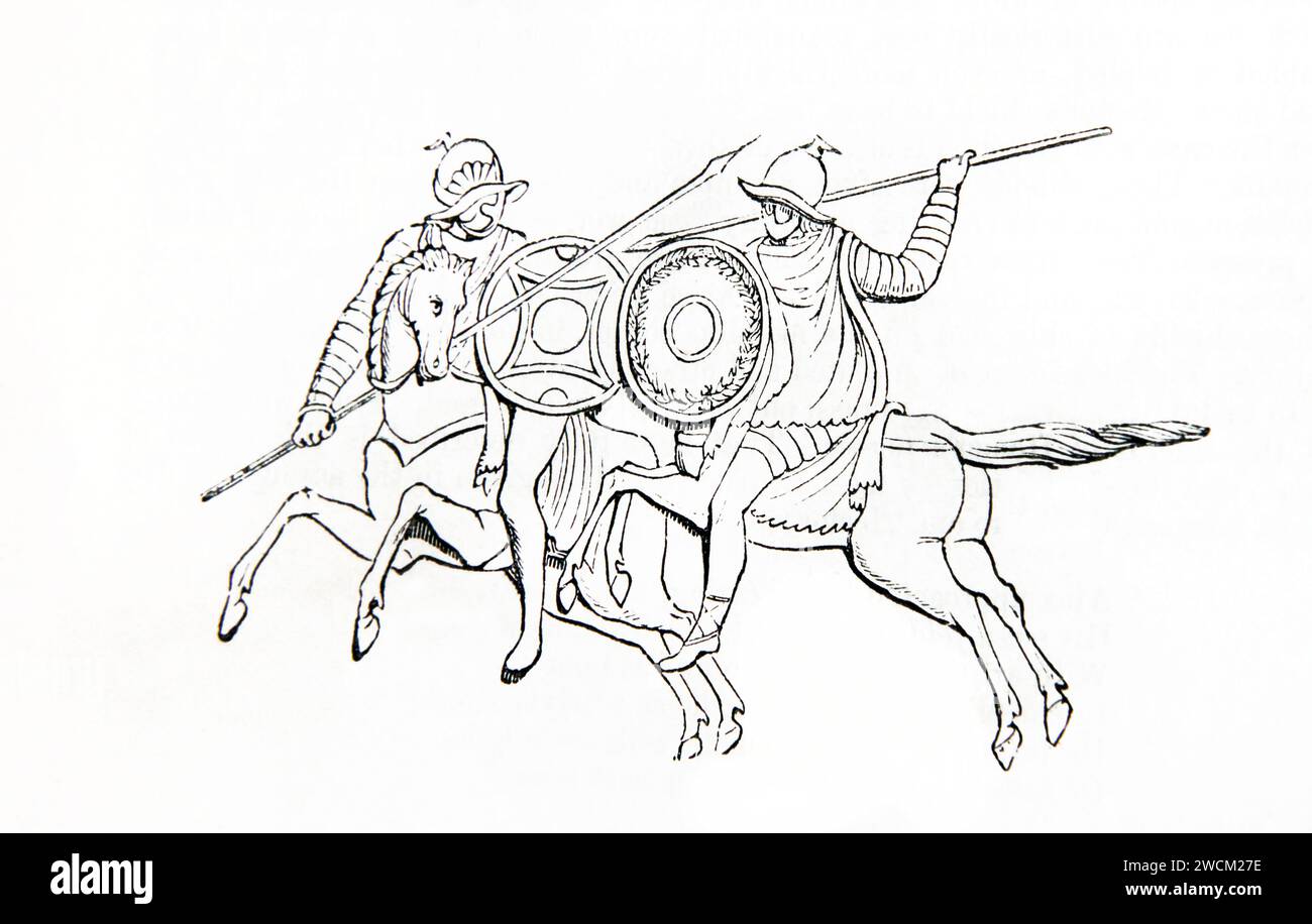 Wood Engraving of a Roman Combat with the Spear and Small Round Shield ...