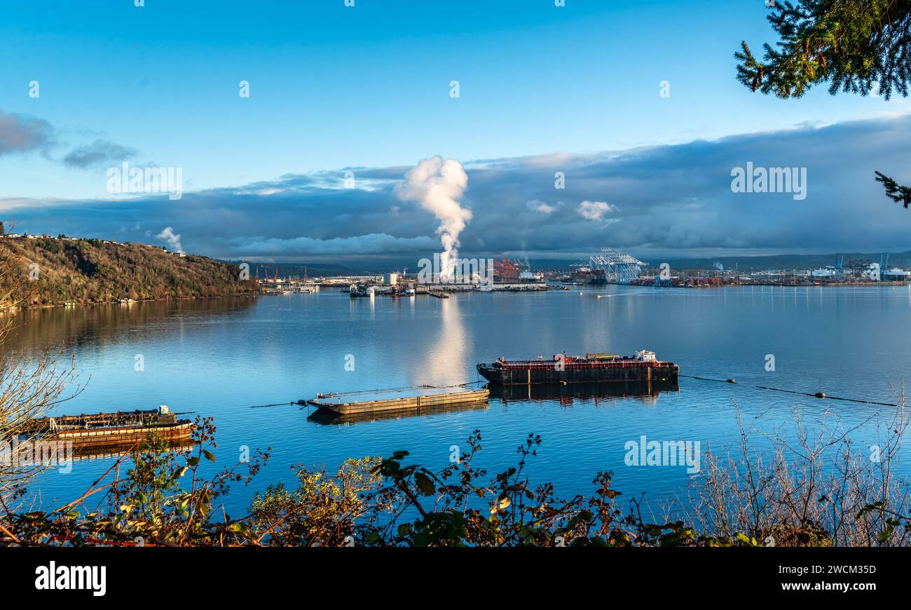 Steam rises at the Port of Tacom in Washington State Stock Photo - Alamy