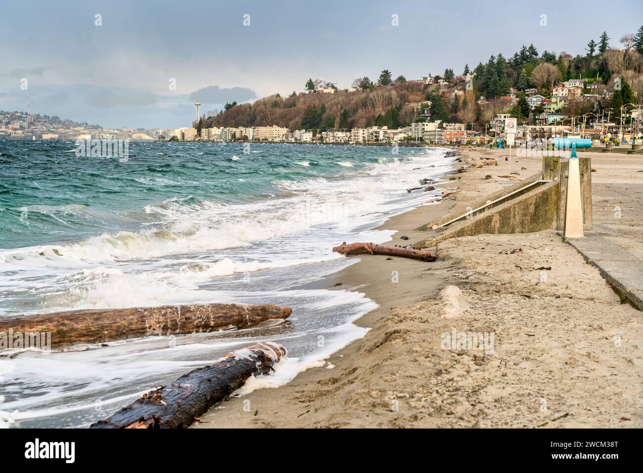 A view of Alki Beach in West Seattle, Washington with condos and sea ...