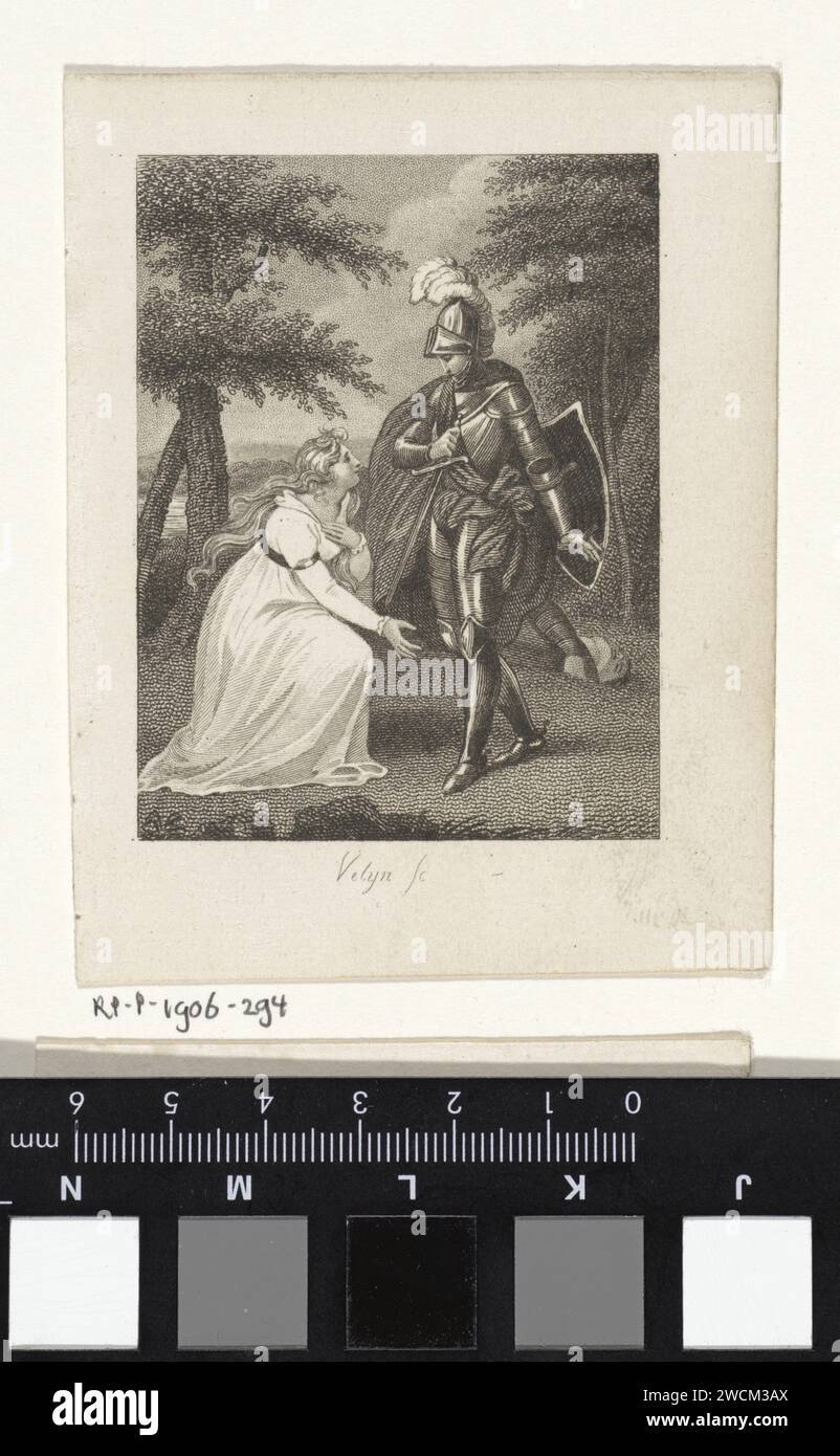 Kneeling woman for a knight, Philippus Velijn, 1822 print A young woman kneels for a knight in ...