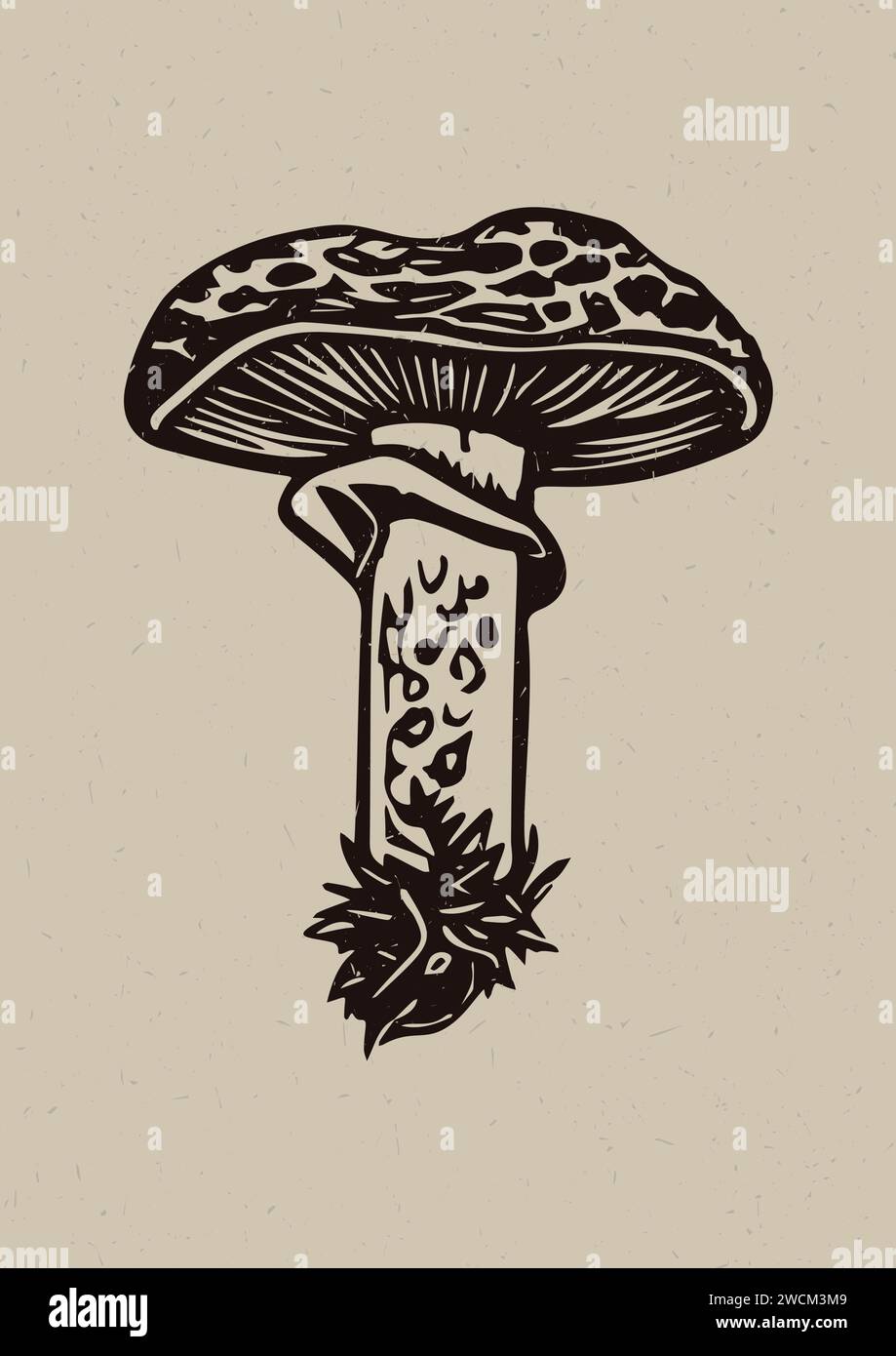 Handmade linocut mushroom motif clipart in folkart scandi style. Simple ...