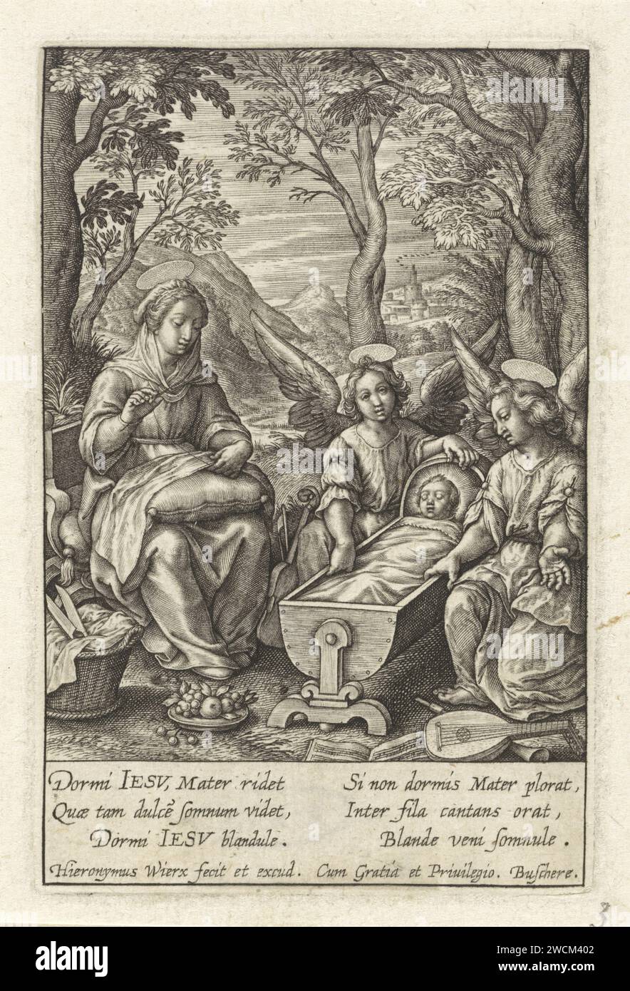 Christkind sleeps in De Wieg, Hieronymus Wierix, 1563 - Before 1619 print Landscape with the ...