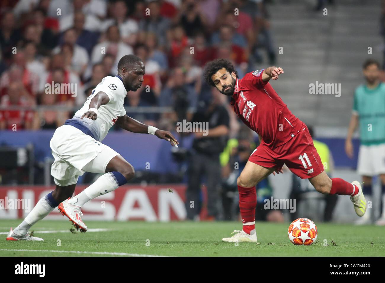 Moussa Sissoko of Tottenham (L) and Mohamed Salah of Liverpool (R) in action during the UEFA ...
