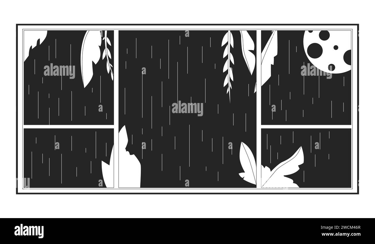 Full moon night raining window black and white 2D line cartoon object ...