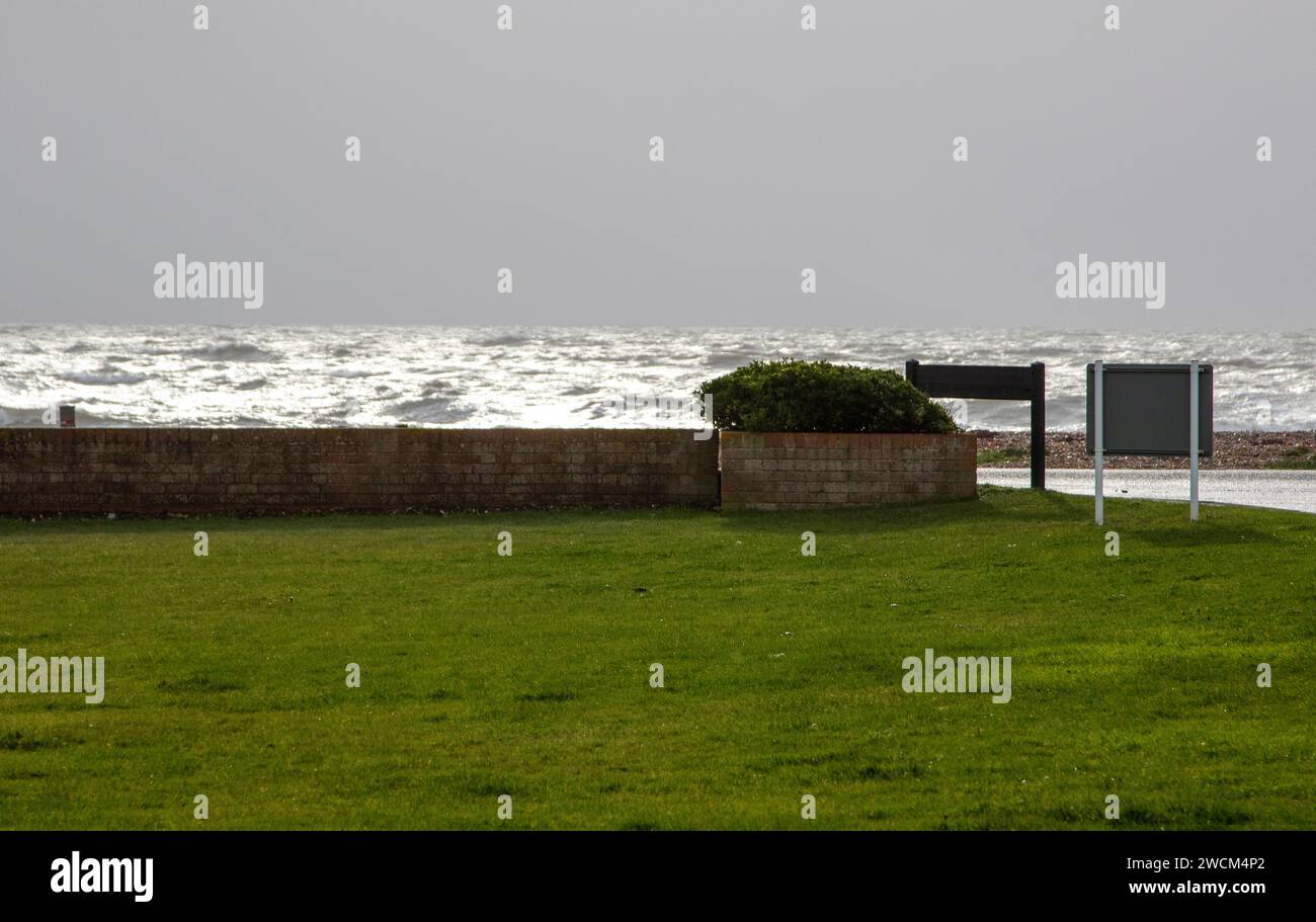 A view of the sea on an overcast grey day in Rustington Sussex on the ...