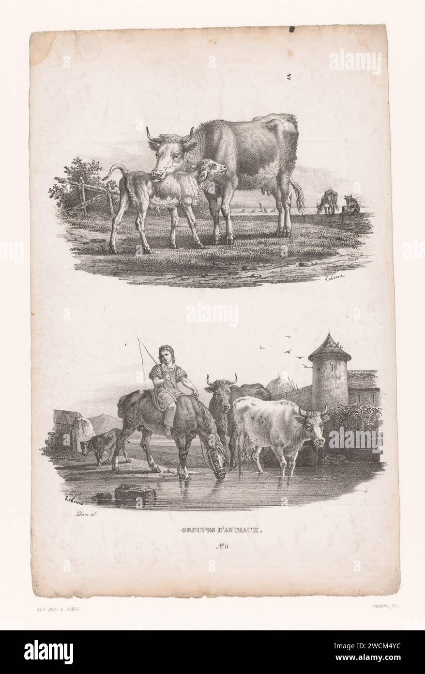Cow with calf and shepherd boy with cows on horseback, Joseph Louis Leborne, 1828 - 1829 print ...