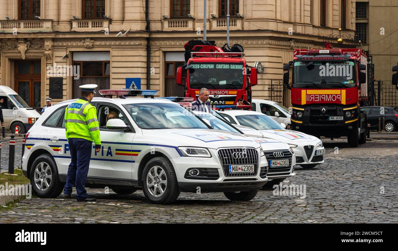 Romanian Police Car in traffic during rush hour in Bucharest Stock ...