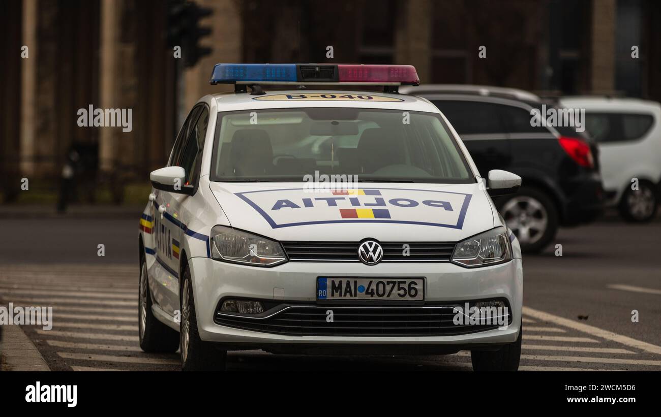 Romanian Police Car in traffic during rush hour in Bucharest Stock ...