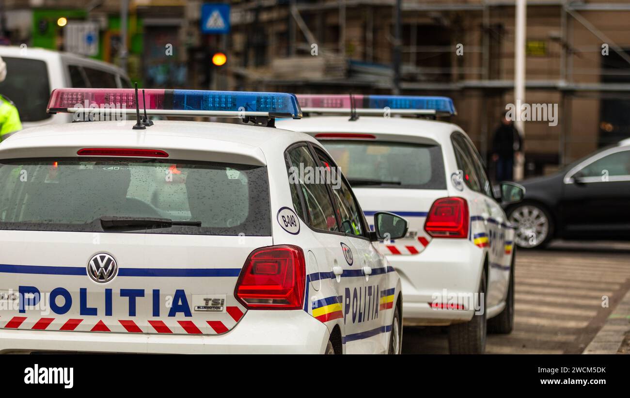 Romanian Police Car in traffic during rush hour in Bucharest Stock ...