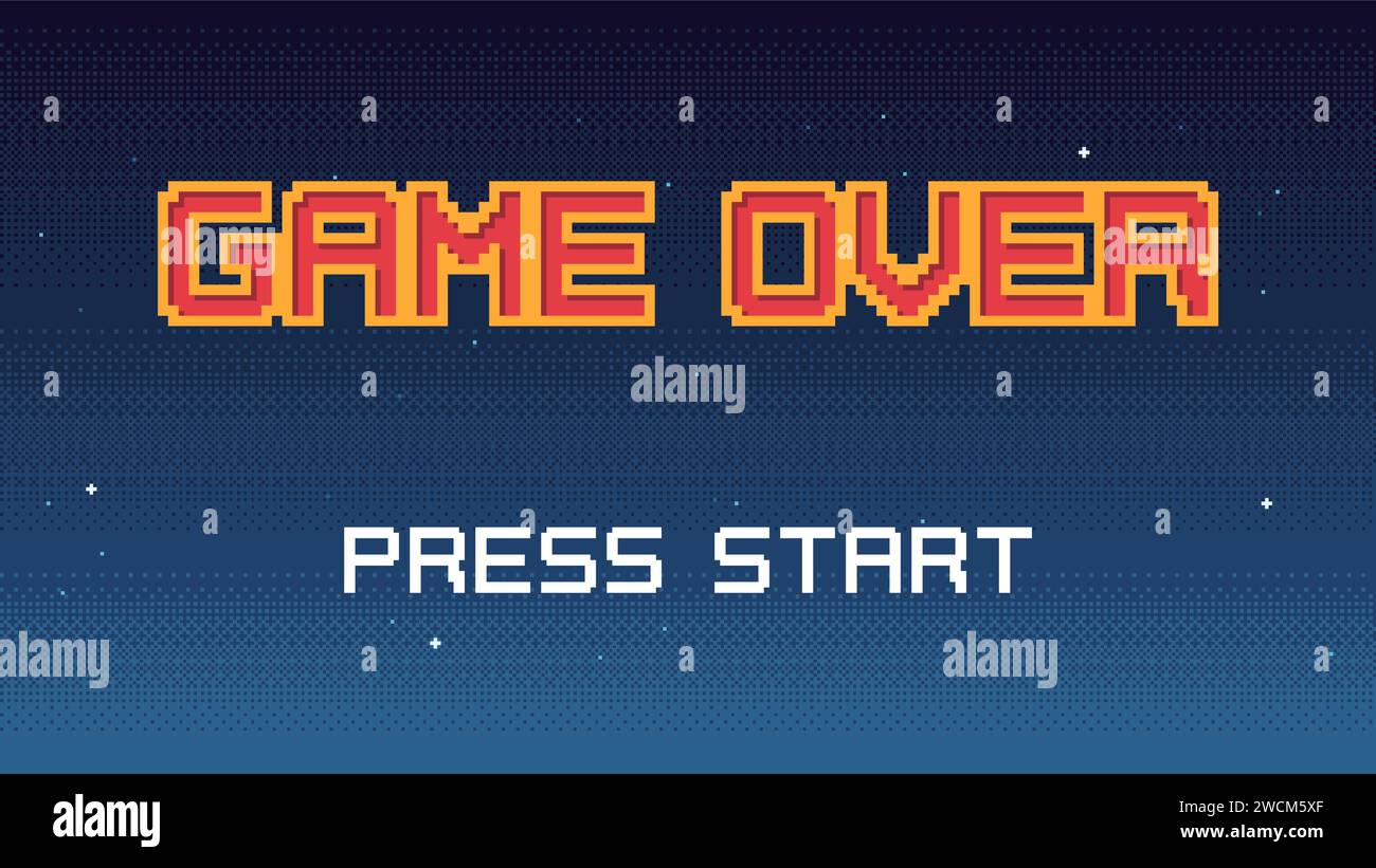 Pixel art Game Over screen with starry sky on background. 8-bit retro video arcade style Game ...