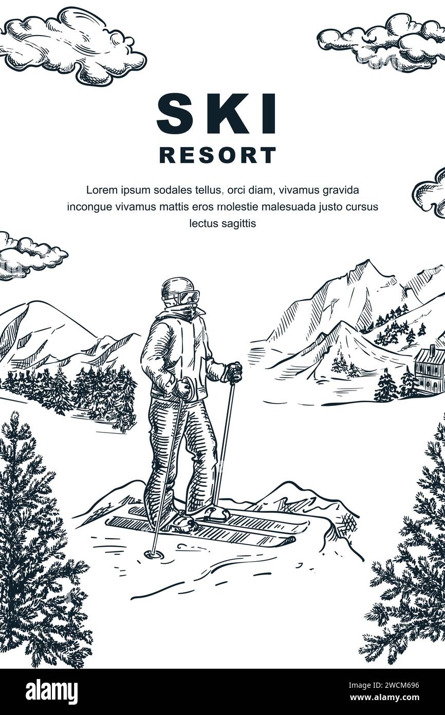 Ski winter resort travel poster, banner design. Vector hand drawn ...