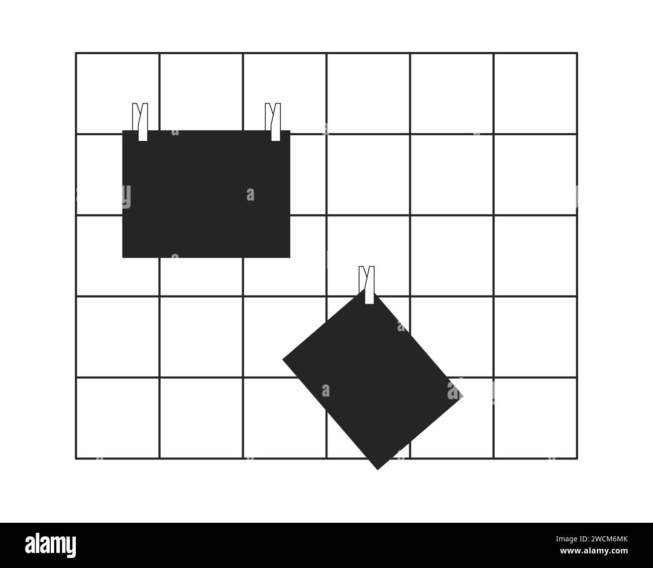 Wall grid panel sticky notes black and white 2D line cartoon object ...