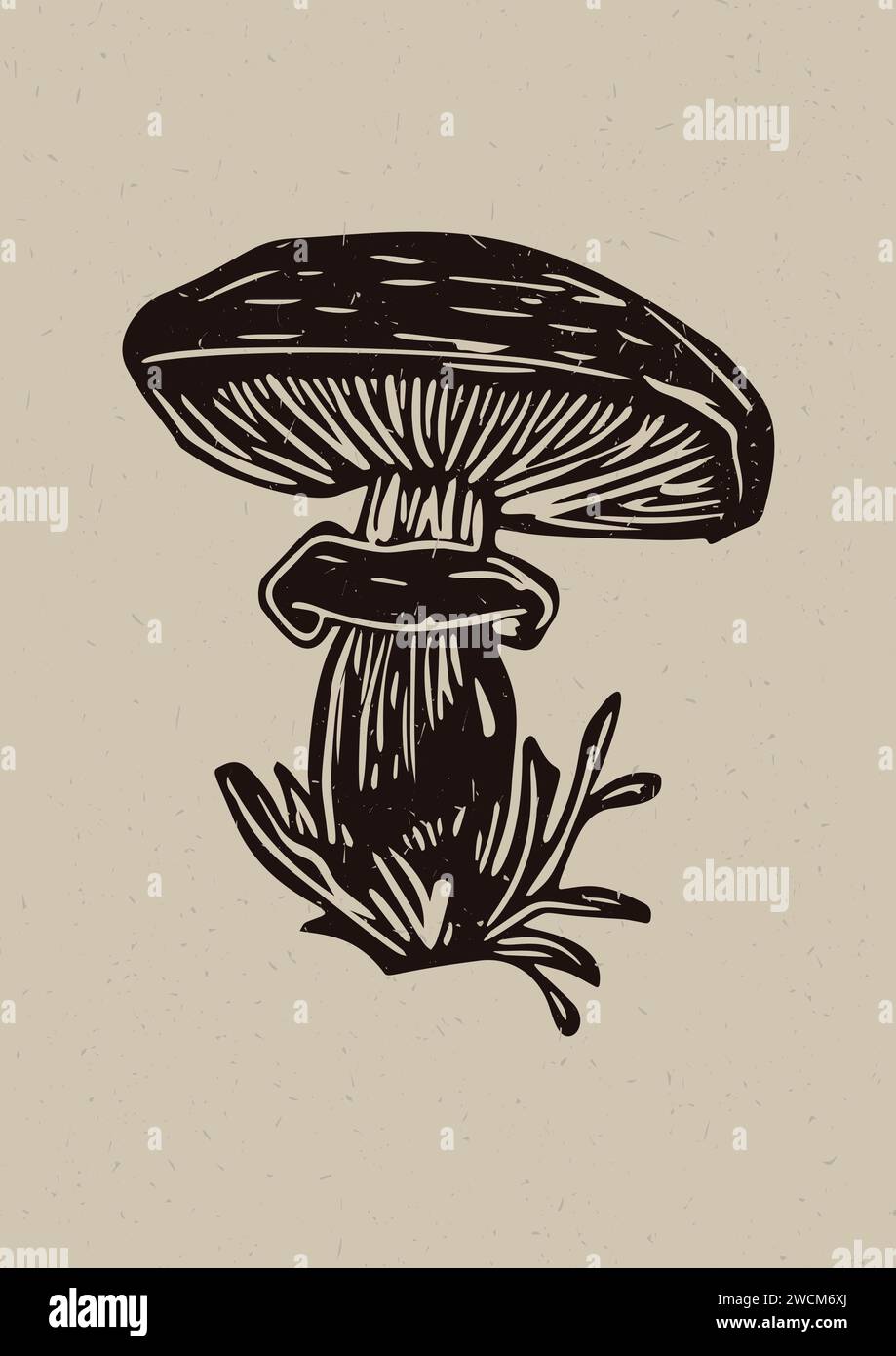 Handmade linocut mushroom motif clipart in folkart scandi style. Simple ...