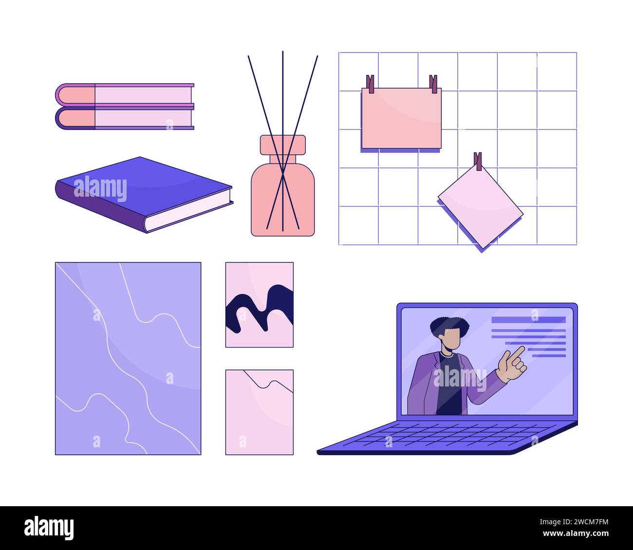 Cozy studying stationery 2D linear cartoon objects set Stock Vector ...