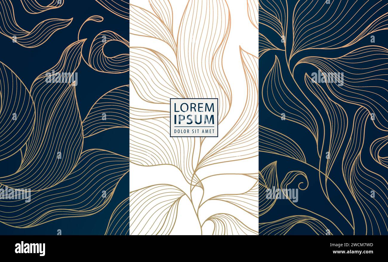 Vector set leaf floral patterns, golden herbal art deco package boxes ...