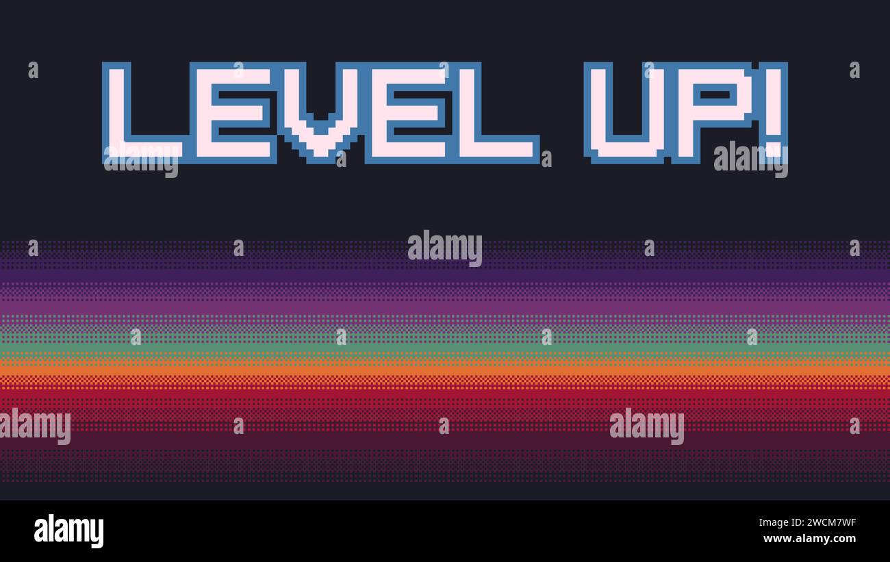 Retro Level Up pixel art text with vibrant colors gradient on dark ...