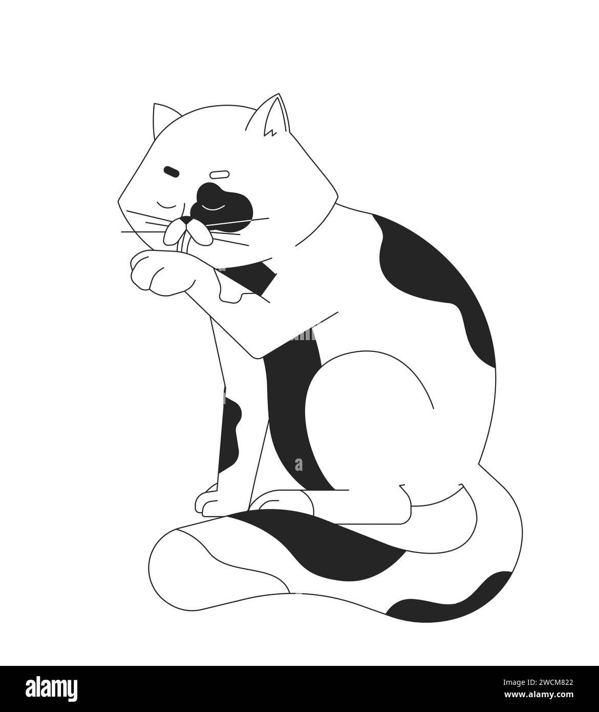 Spotted cat licking itself black and white 2D line cartoon character ...