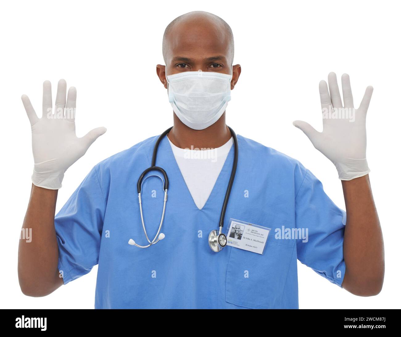 Portrait, uniform and mask with doctor, man and gloves isolated on a ...