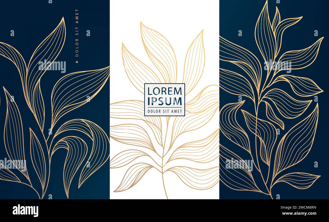 Vector set leaf floral patterns, golden herbal art deco package boxes ...