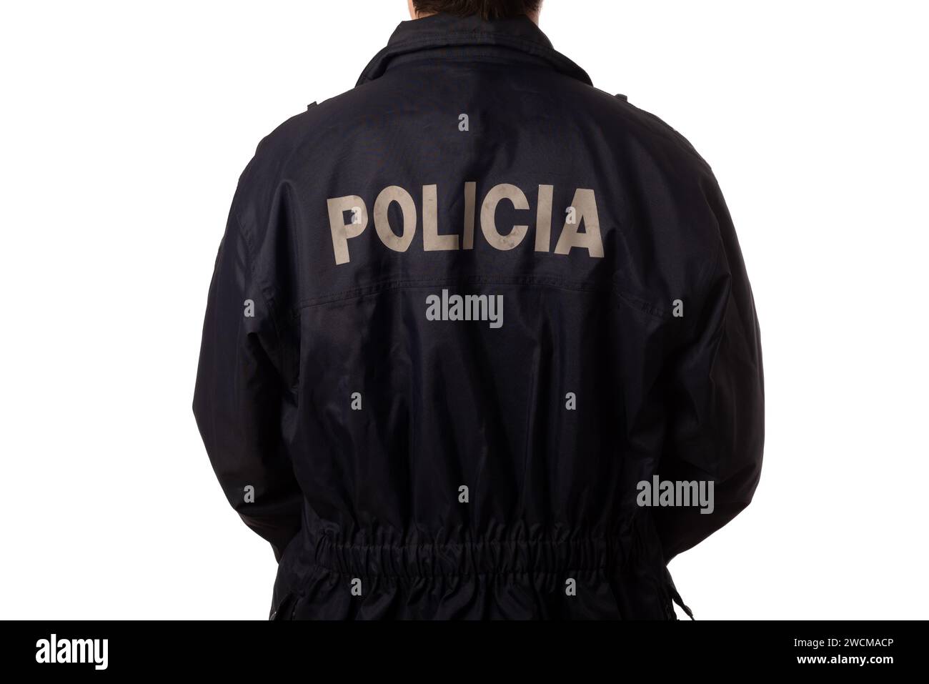 Rear view of a policeman in blue uniform on white background Stock ...
