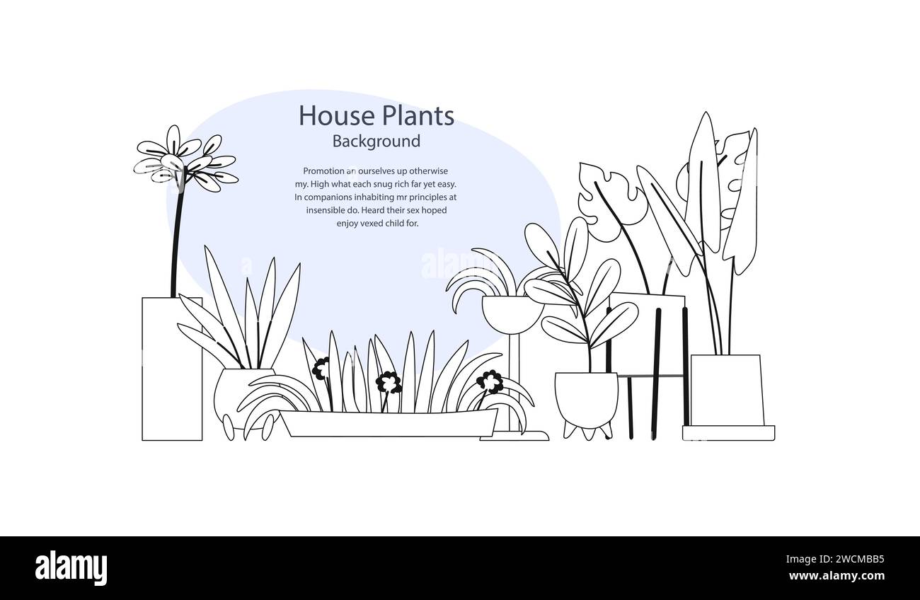 Cozy interior or flower shop illustration of outline houseplants ...