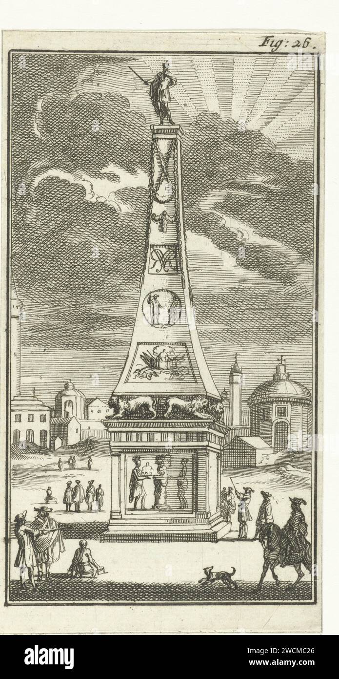 Obelisk with the statue of King Willem III, Jan Luyken, 1691 print ...