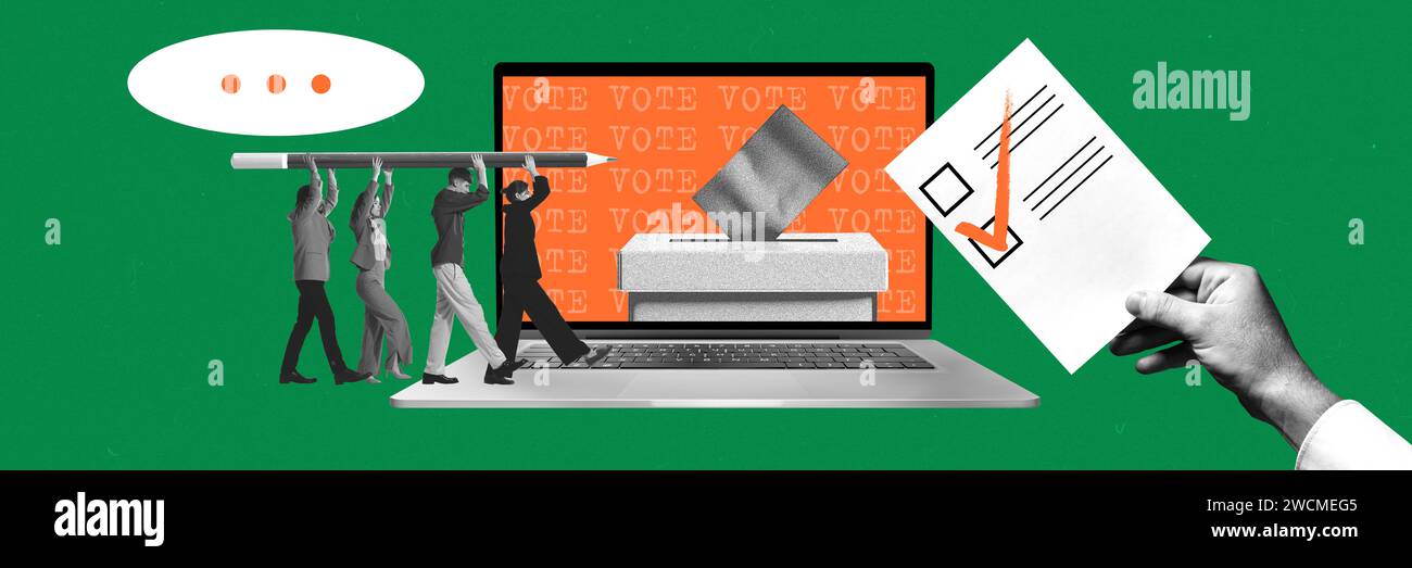 Young people holding pencil, going to vote for president. Putting check ...