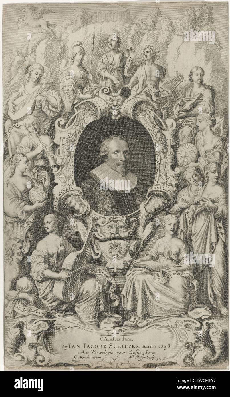 Portrait of Jacob Cats surrounded by gods and muses, Michiel Mosijn ...