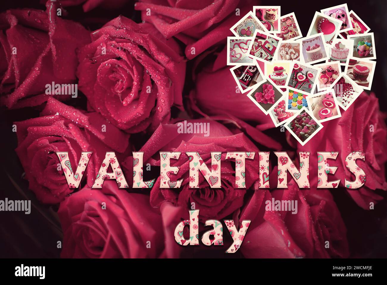 text VALENTINE'S DAY on the background of flowers. Delicate pink roses ...