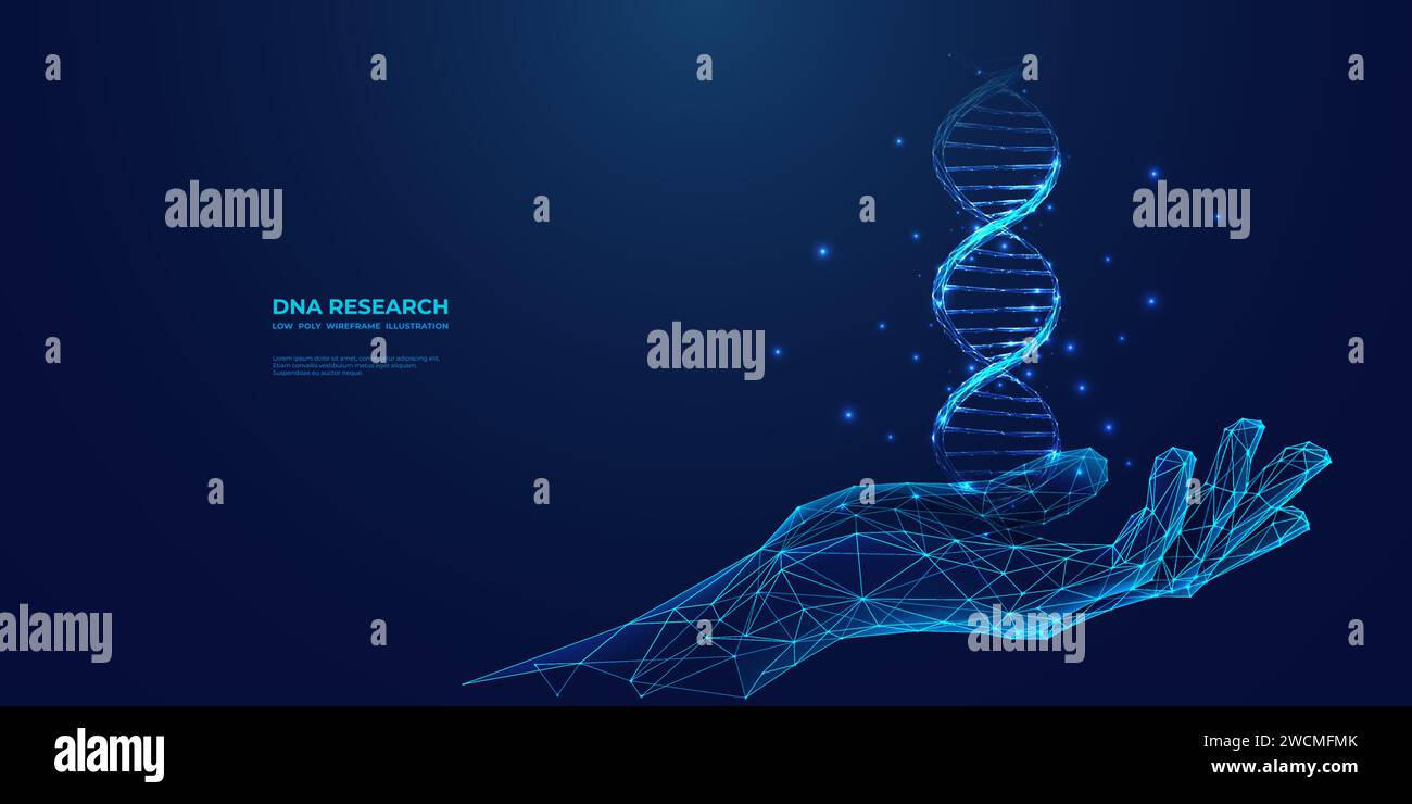 Abstract hologram of DNA helix in a hand on a blue background Stock ...