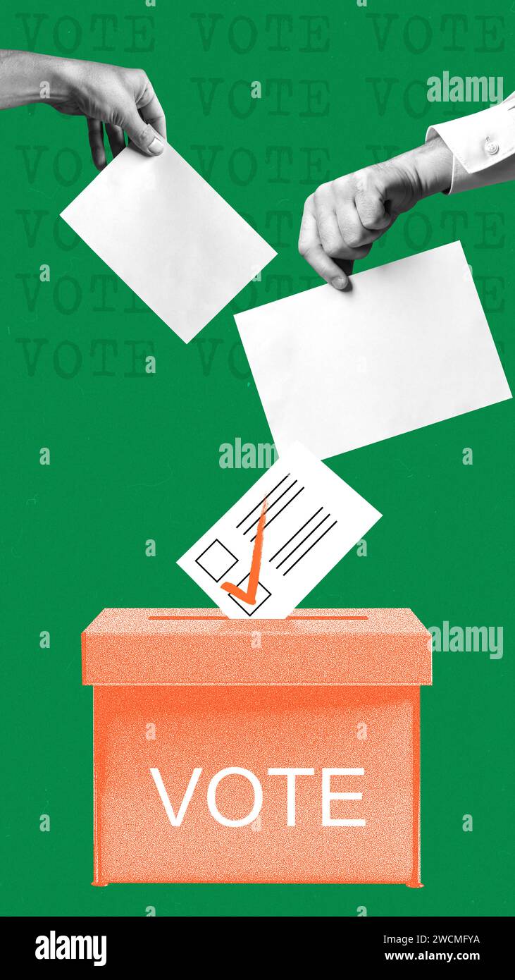 People putting ballot paper into ballot box. Voting, choosing candidate ...