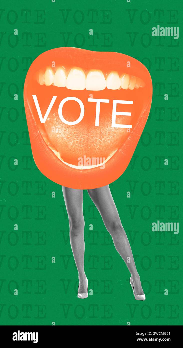 Female open mouth on legs with word vote inside. Taking part in ...