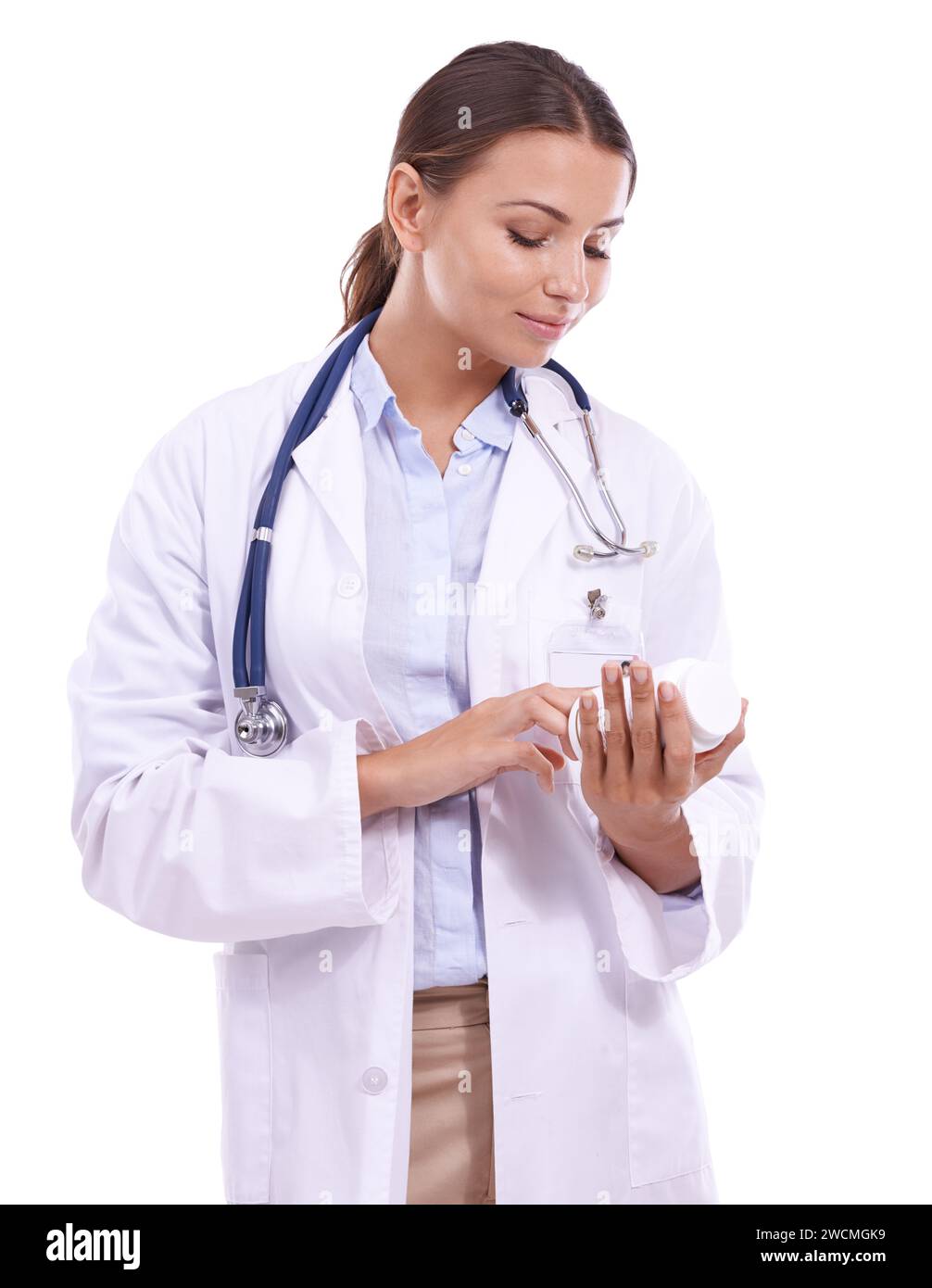 Woman, doctor and reading label of medication for pills, prescription ...