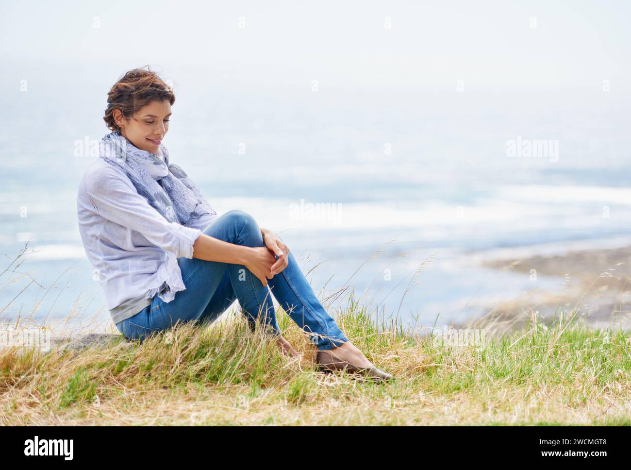 Woman, thinking and relax in nature at beach with happiness, gratitude ...
