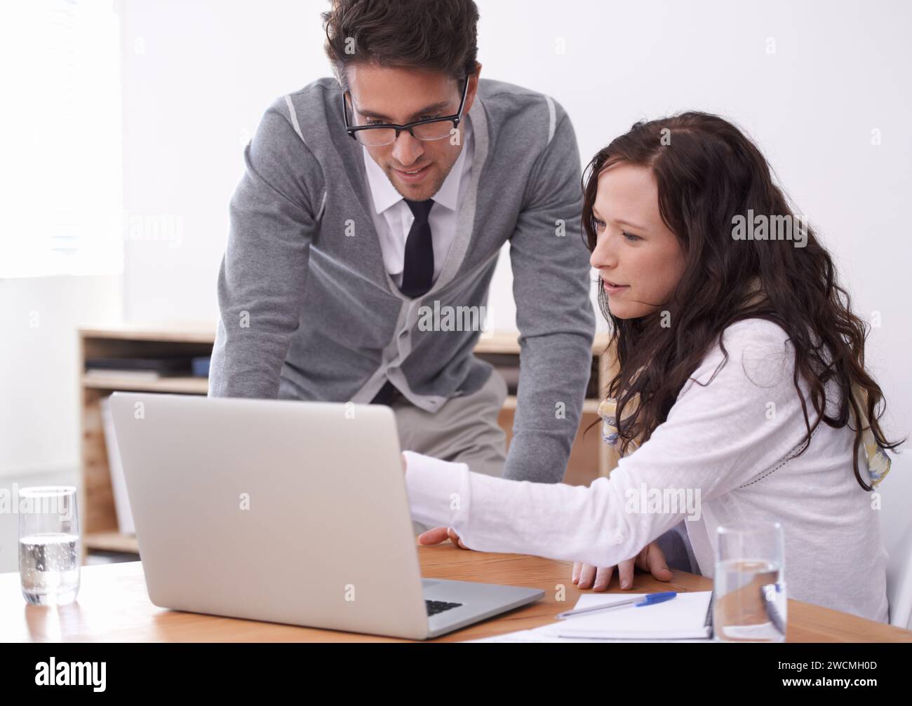 Business people, teamwork and reading on computer for copywriting ...